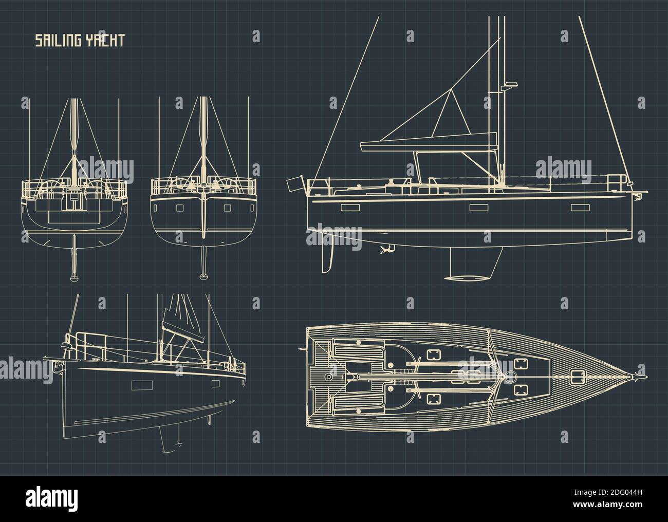 Stylized vector illustration of blueprints of a sailing yacht Stock ...