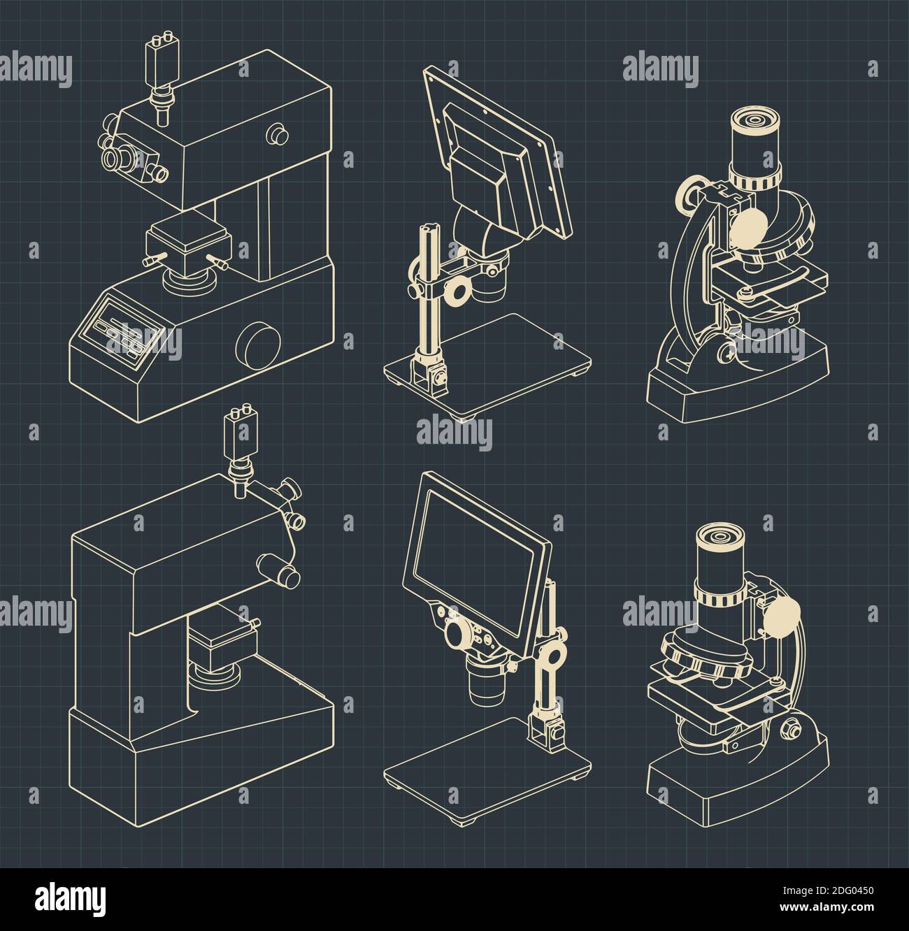 Stylized vector illustration of Microscopes mini set drawings in ...