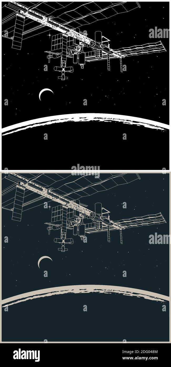 Stylized vector illustration of Space station in orbit of the planet ...