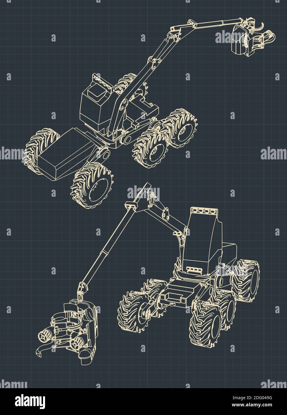 Stylized vector illustrations of a forest harvester machine colorful ...