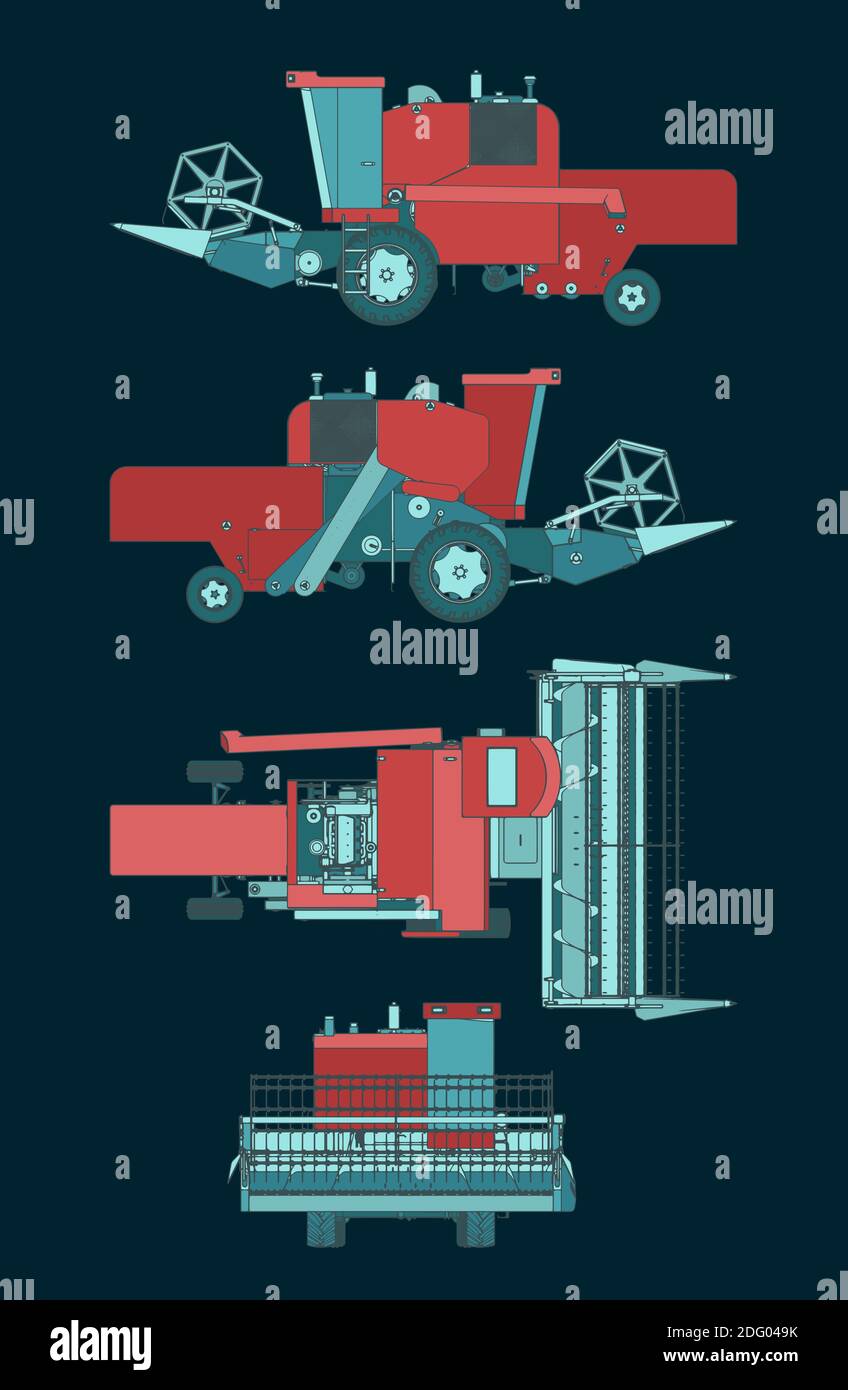 Stylized vector illustrations of a Combine Harvester colorful ...