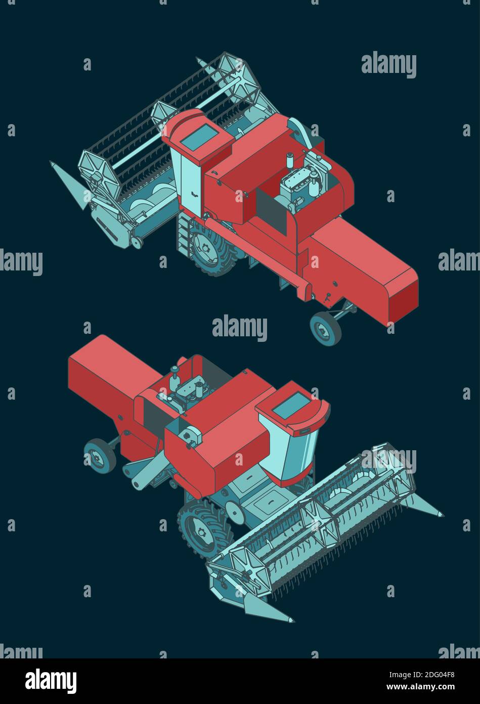 Stylized vector illustrations of a Combine Harvester blueprints ...