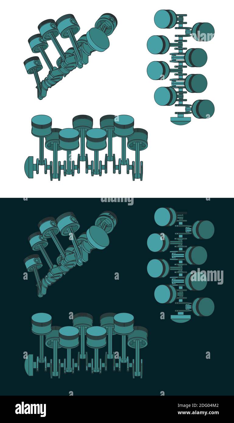 Stylized vector illustration of the color drawings of a piston crank mechanism of an internal ...