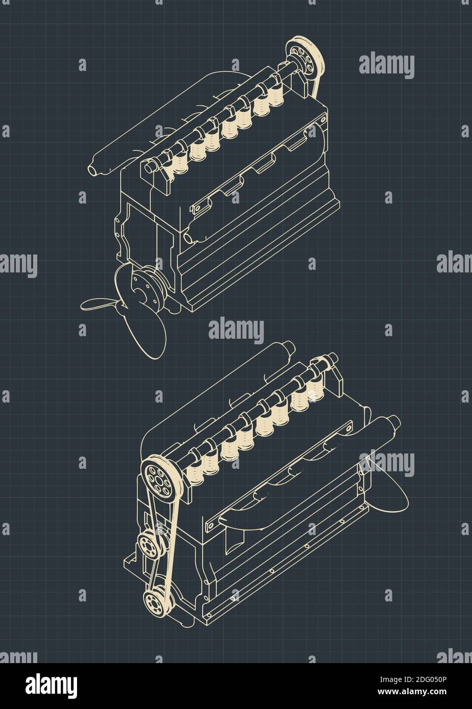 Stylized vector illustrations of a four-cylinder diesel engine drawings ...