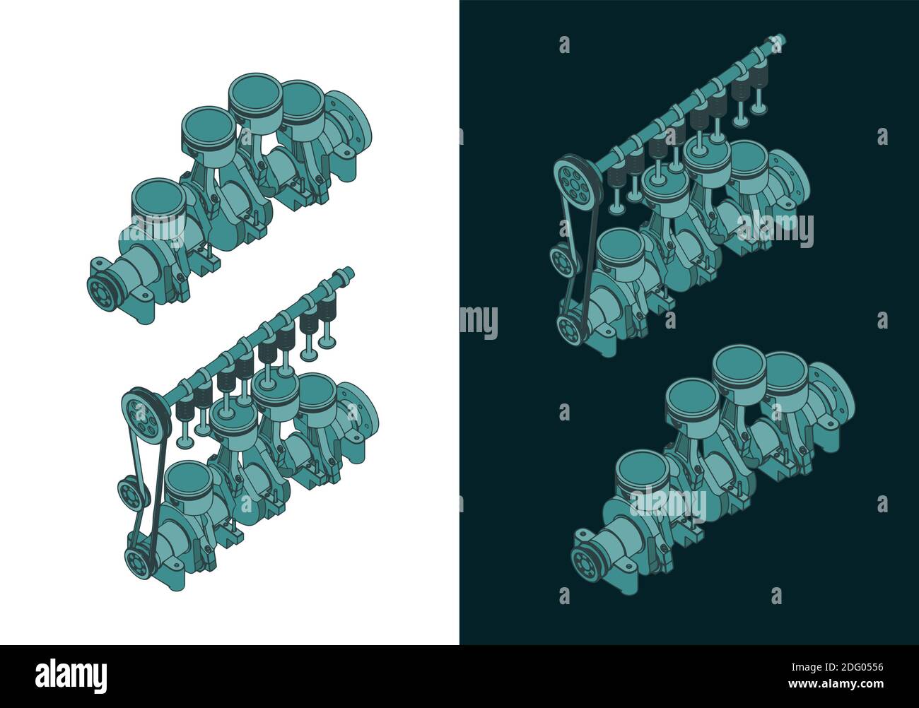 Stylized vector illustrations of color drawings of Piston group with ...