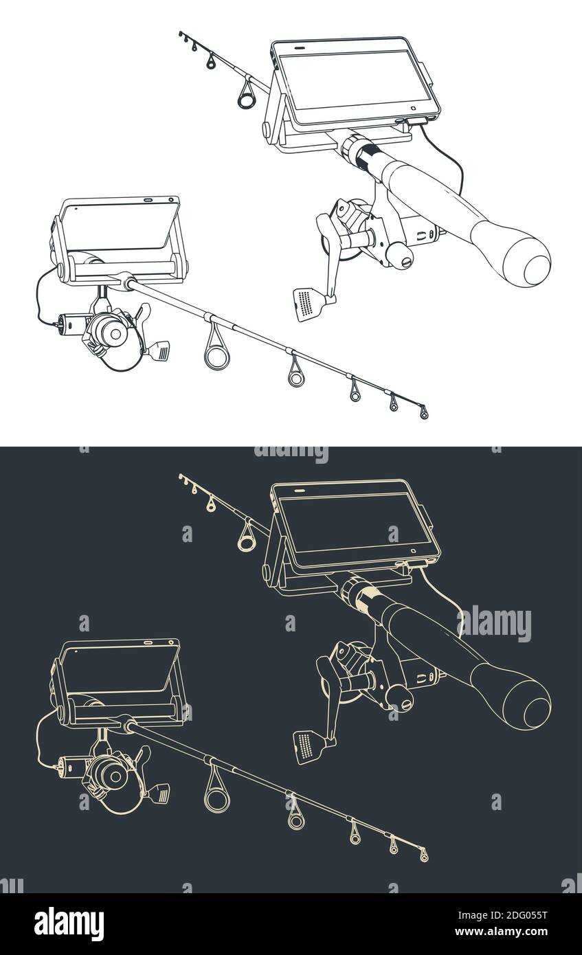 Stylized vector illustration of a telescopic fishing rod spinning, with ...