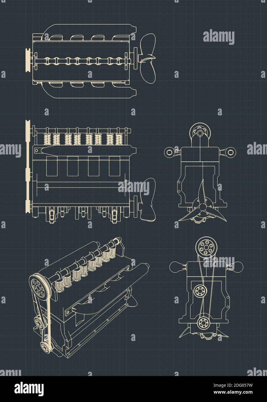 Stylized vector illustrations of a four-cylinder diesel engine drawings ...