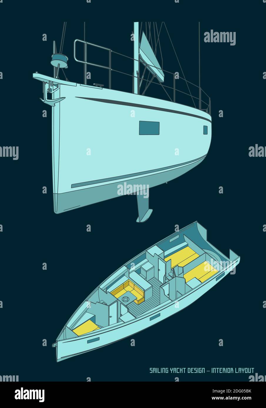 Vector illustration of sailing yacht and structure of its interior ...