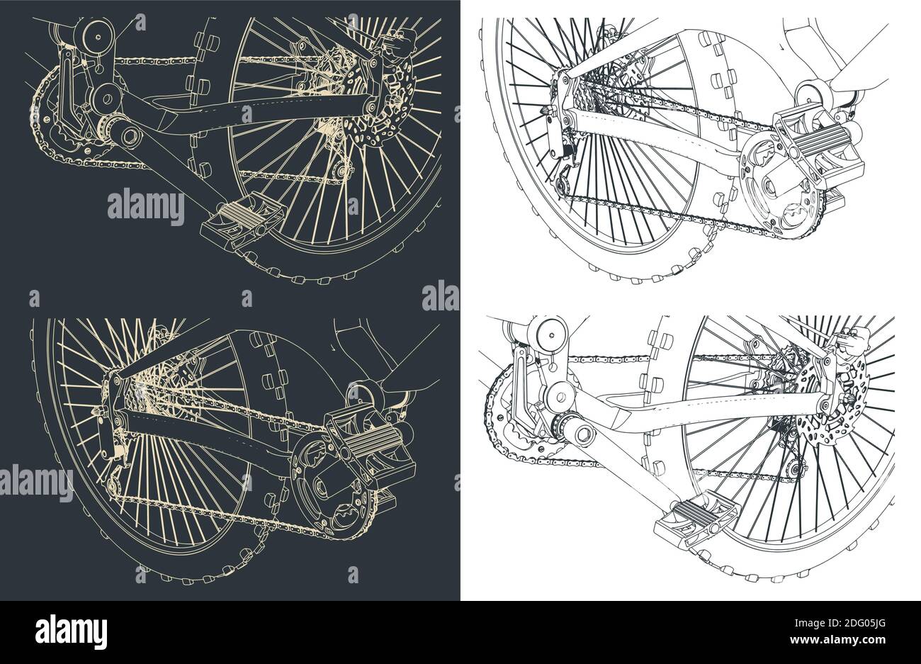 Stylized vector illustrations of a mountain bike close-up drawings ...