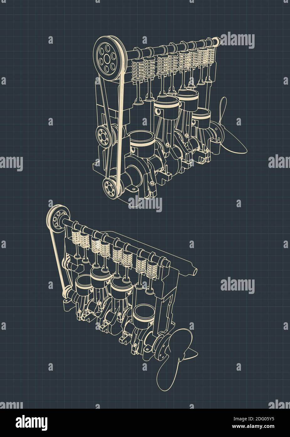 Stylized vector illustrations of a four-cylinder diesel engine cutaway ...