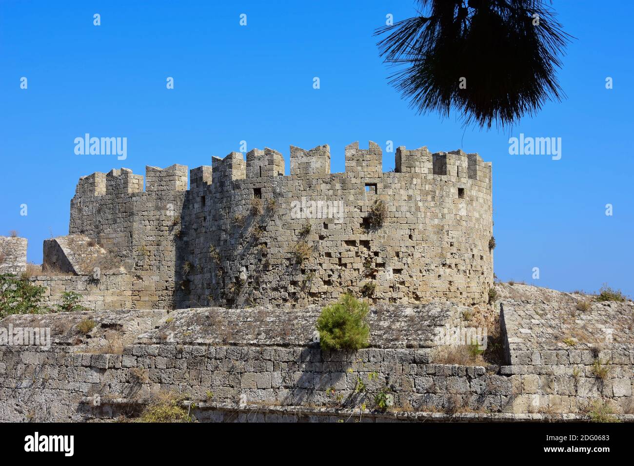 A view of the ancient walls of the old town of Rhodes on the Greek ...