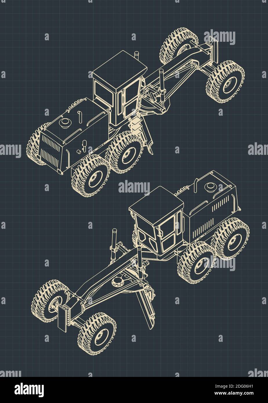 Stylized vector illustration of isometric drawings of a road grader ...