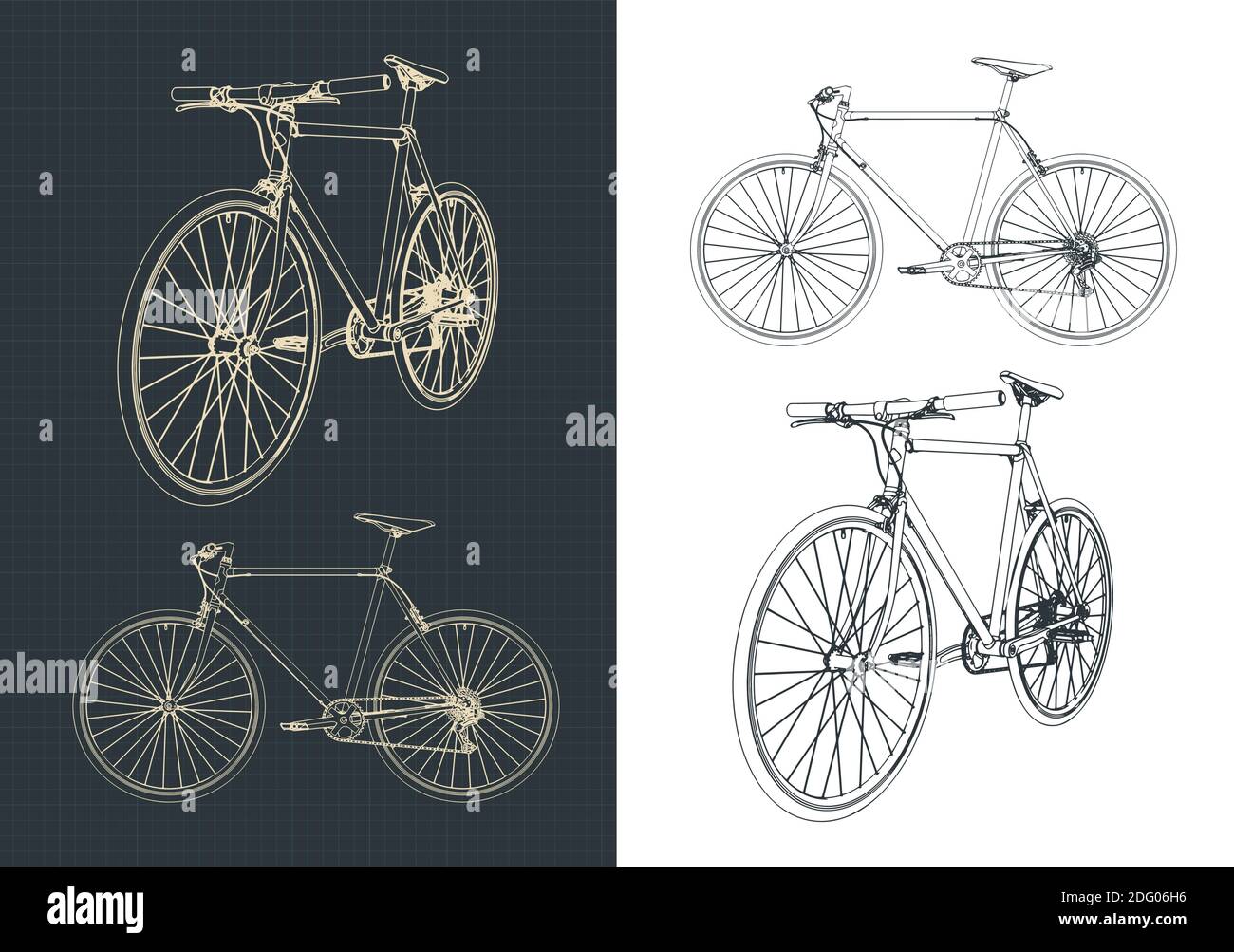 Stylized vector illustrations of outline and drawings of a road bike ...