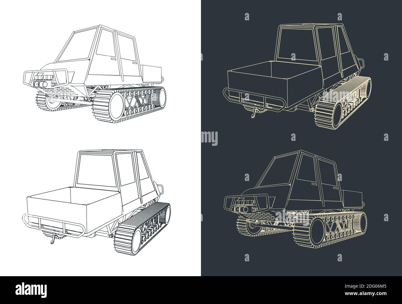 Stylized vector illustration of drawings of a tracked all-terrain ...