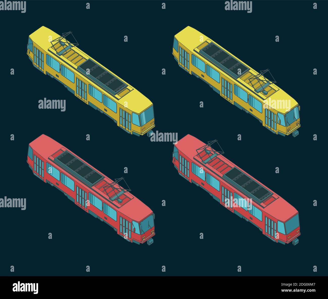 Stylized vector illustration of a color tram isometric drawings Stock ...