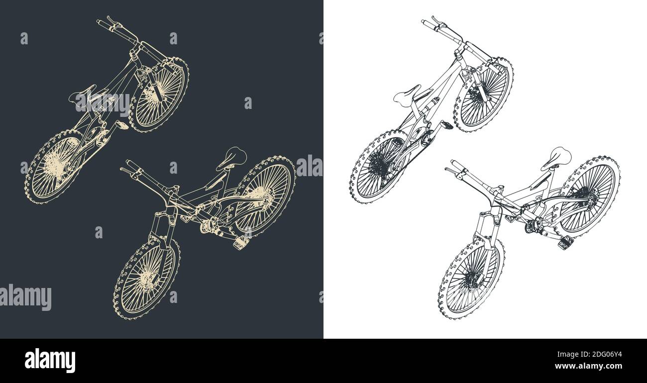 Stylized vector illustrations of a mountain bike isometric drawings ...
