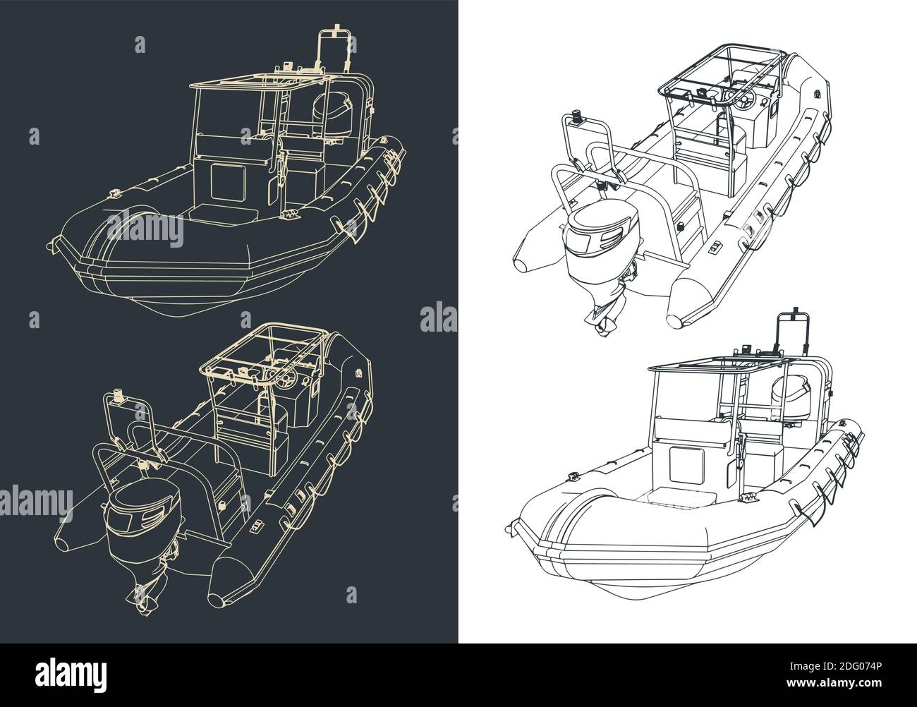 Stylized vector illustration of rigid inflatable boat drawings Stock ...