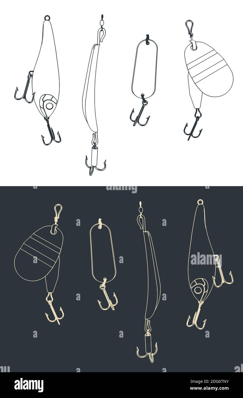 Stylized vector illustration of a floating minnow fishing hard lure set ...