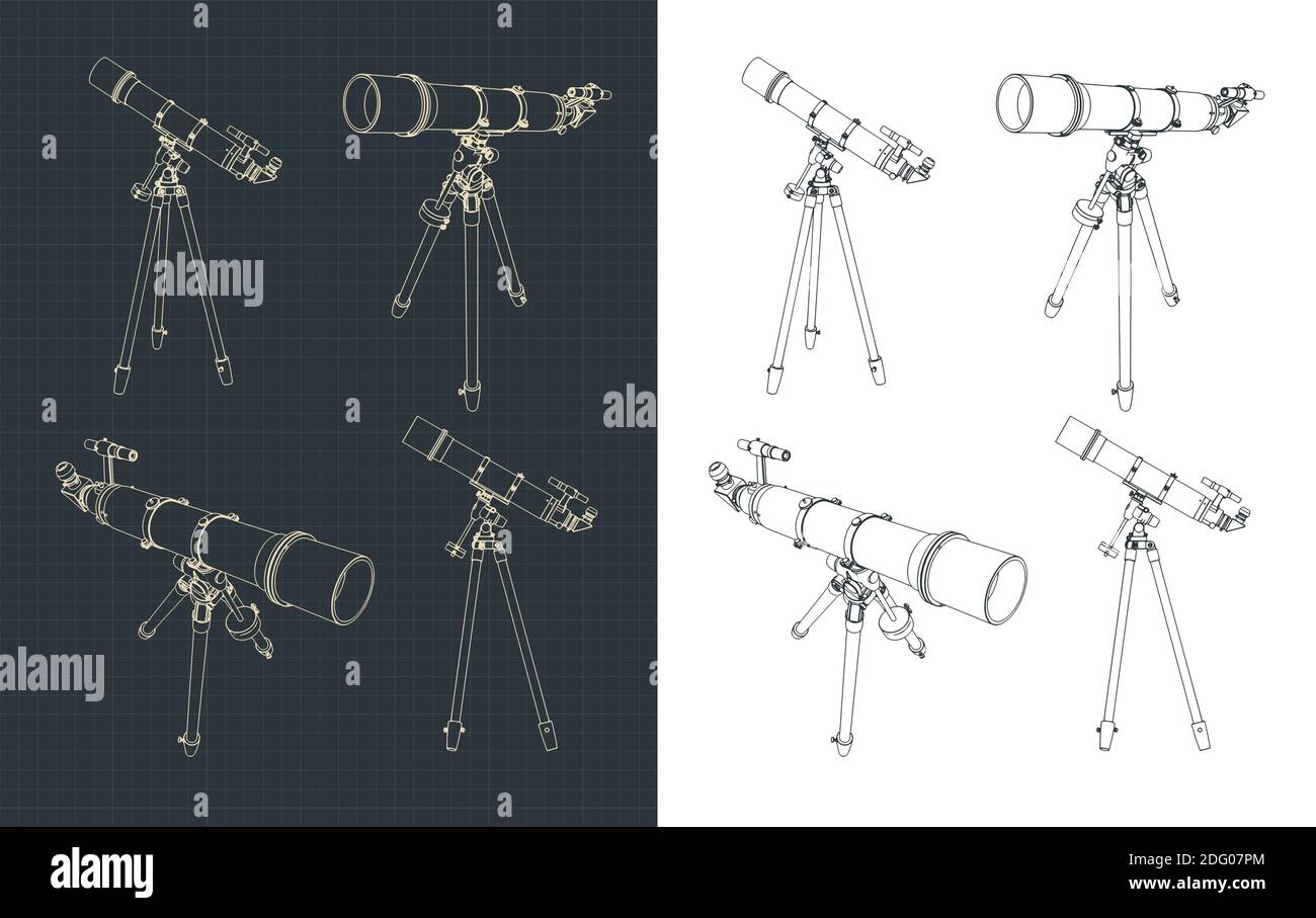 Stylized vector illustration of drawings of a spyglass on a tripod ...