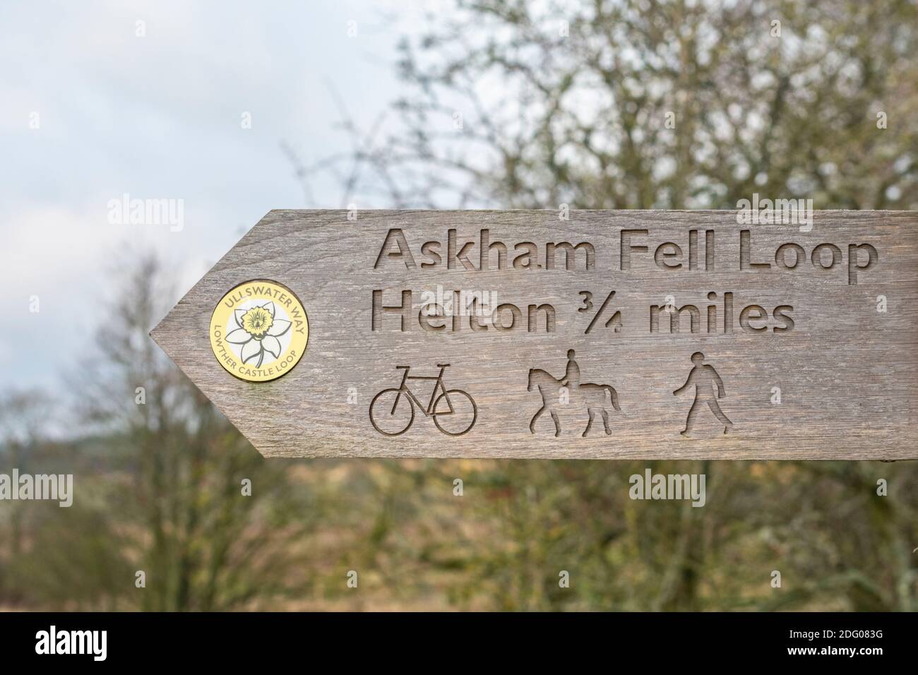 Wooden fingerpost sign on the Ullswater Way Lowther Castle loop in the ...