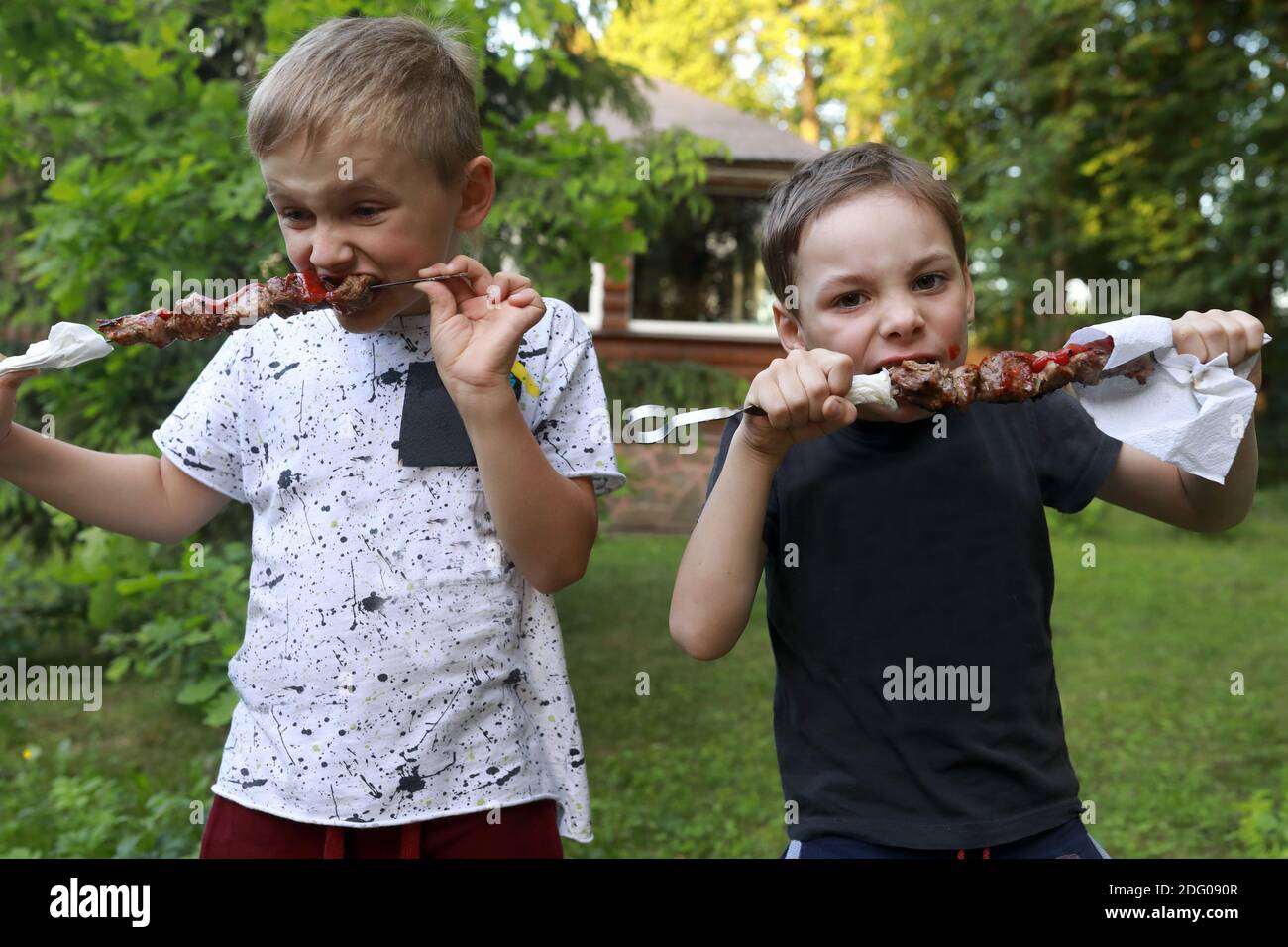 Children eating kebab at backyard in summer Stock Photo - Alamy