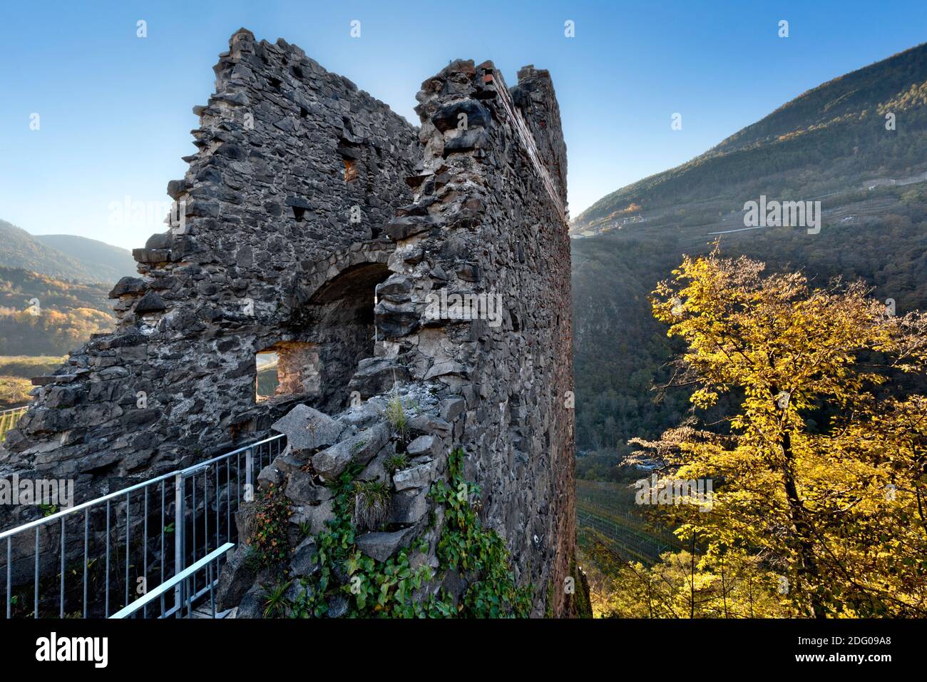 Ruins of a tower of the medieval castle of Segonzano. Cembra valley ...