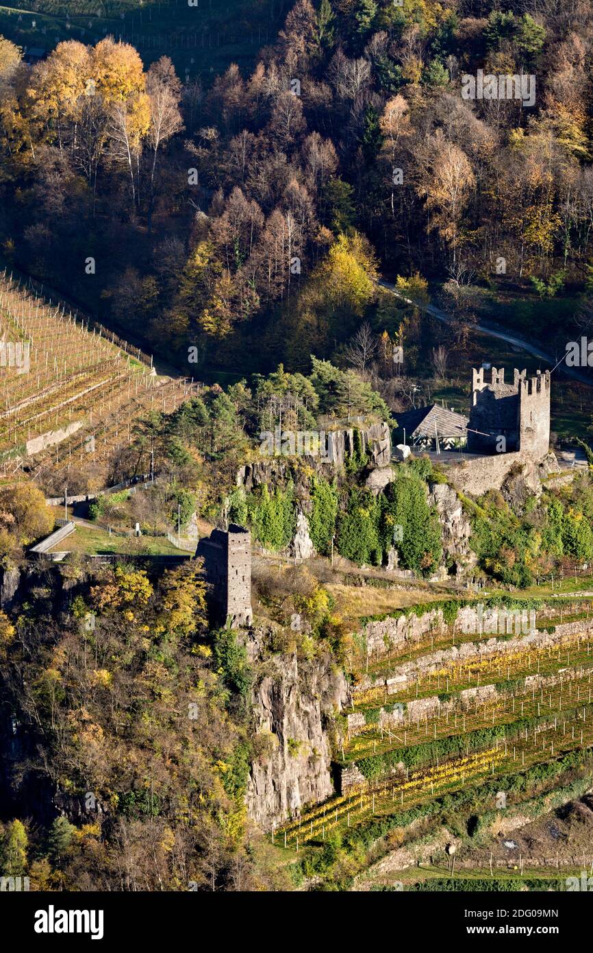 The medieval castle of Segonzano and the vineyards of the Cembra valley ...