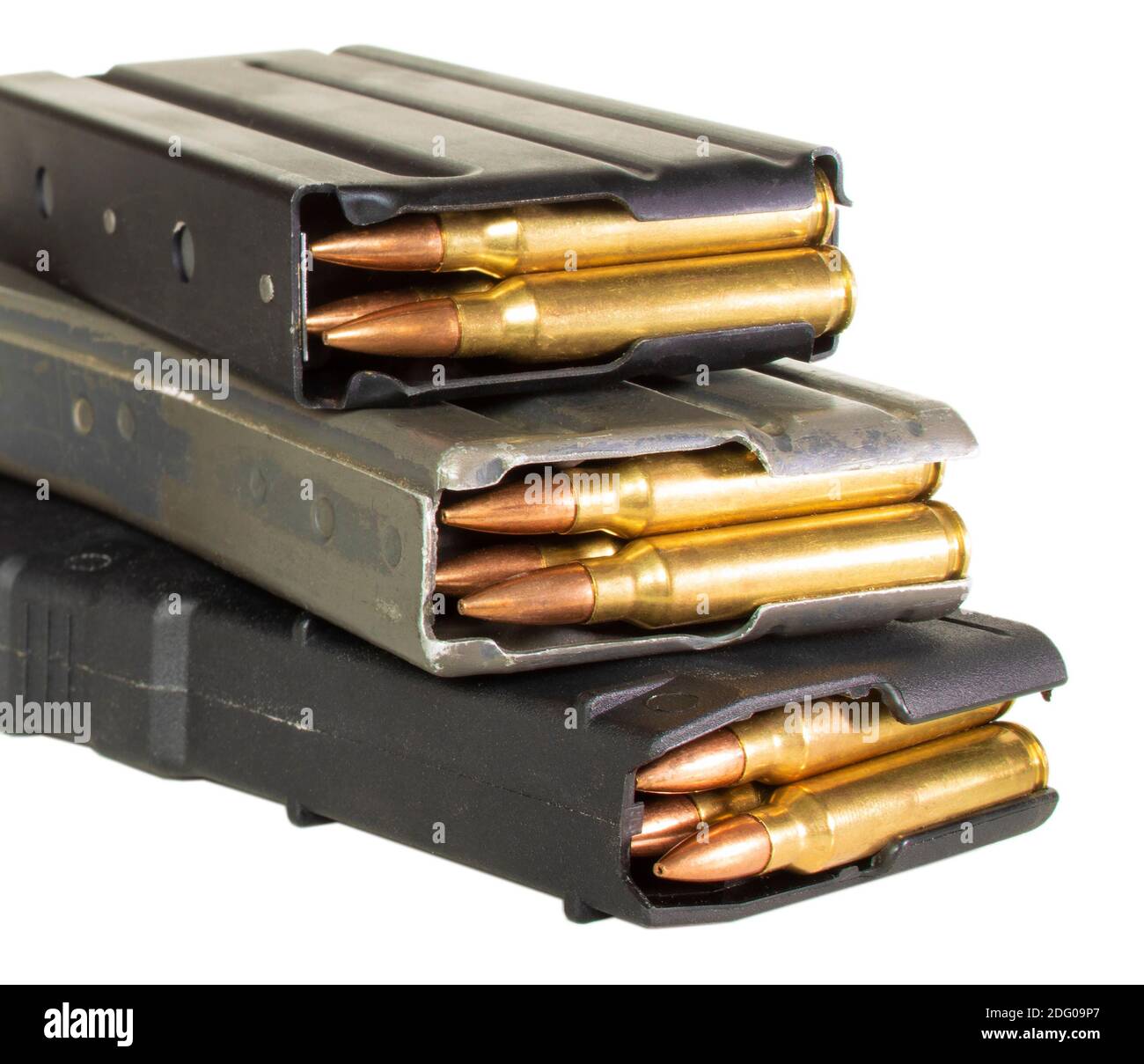Three assault rifle magazines loaded with ammunition isolated on white ...