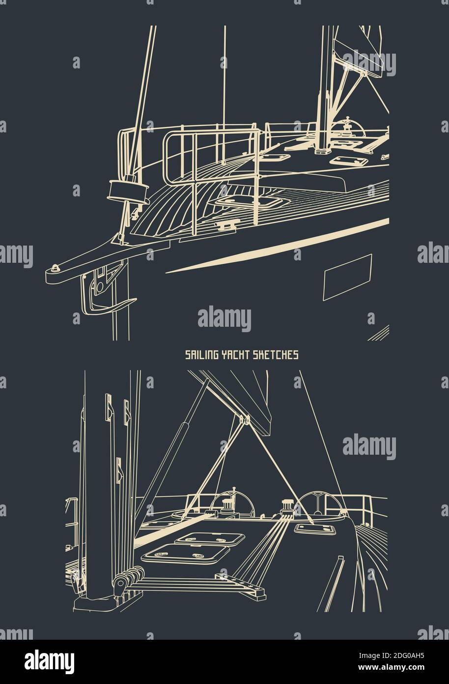 Vector Sketches of the bow and deck of a sailing yacht close-up Stock ...