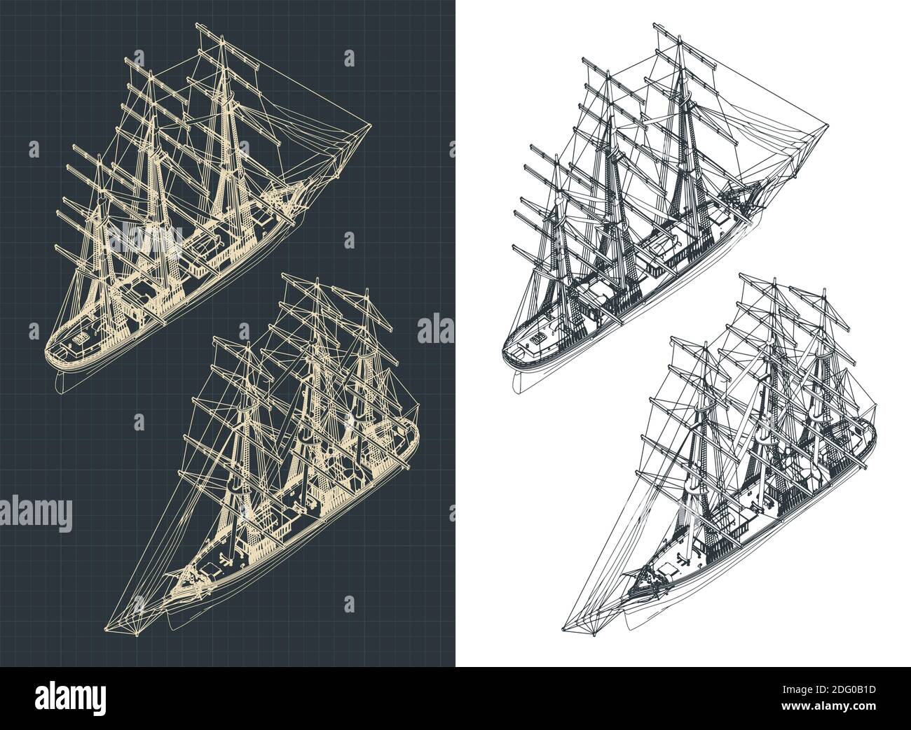 Stylized vector illustration of a large three-masted sailing ship ...