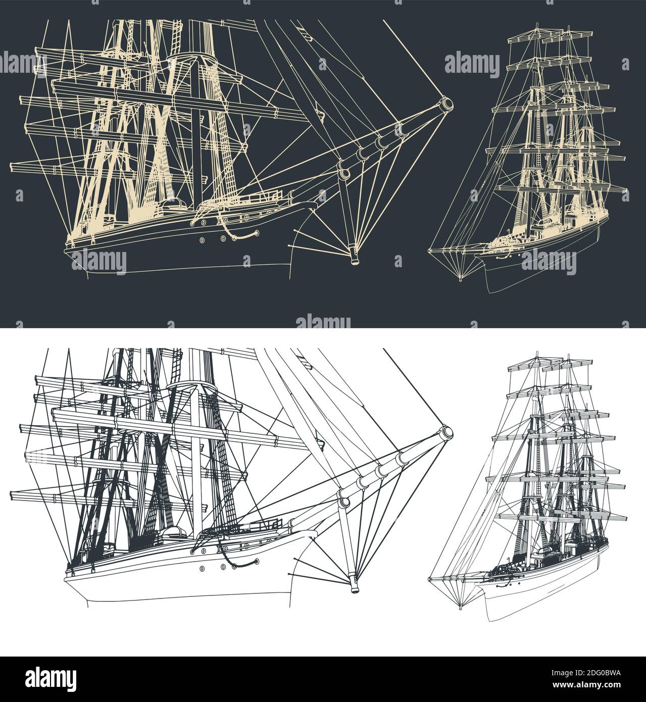 Stylized vector illustration of a drawing of a large three-masted ...