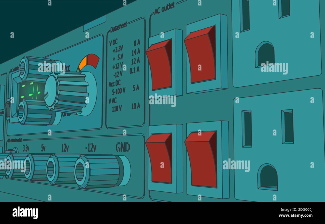 Stylized vector illustration of laboratory power supply close-up Stock ...