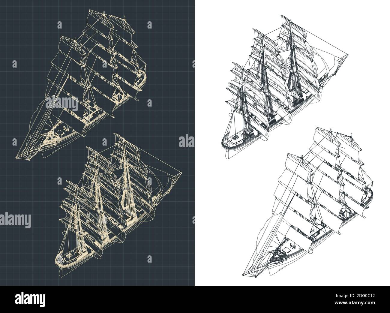 Stylized vector illustration of a large three-masted sailing ship ...