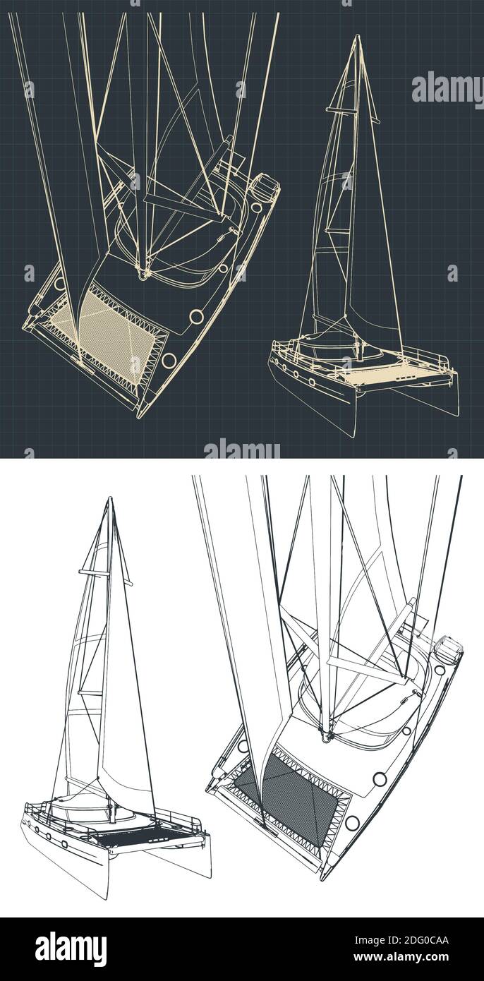 Stylized vector illustration of drawings of a sailing catamaran Stock ...