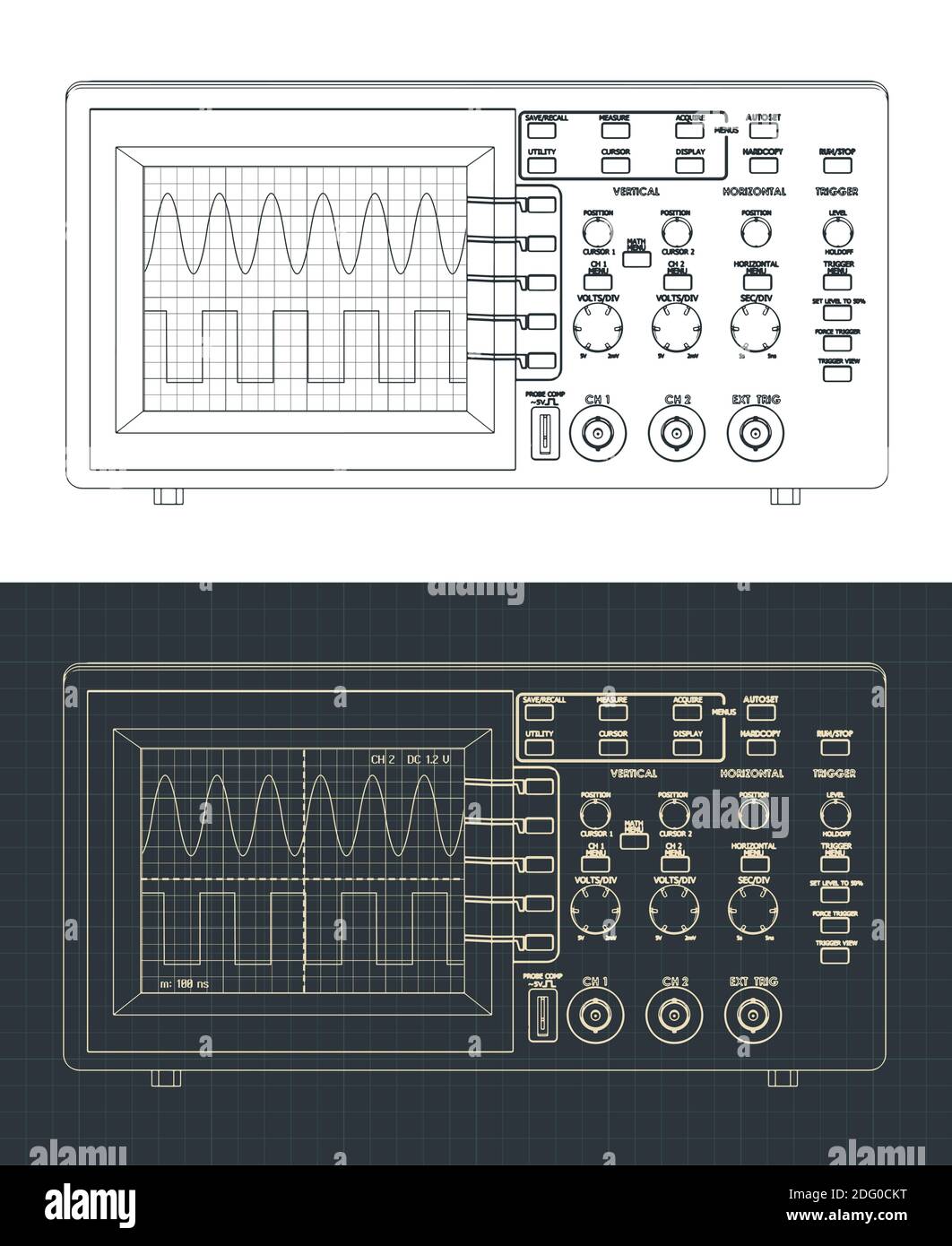 Stylized vector illustration of laboratory oscilloscope drawings Stock ...