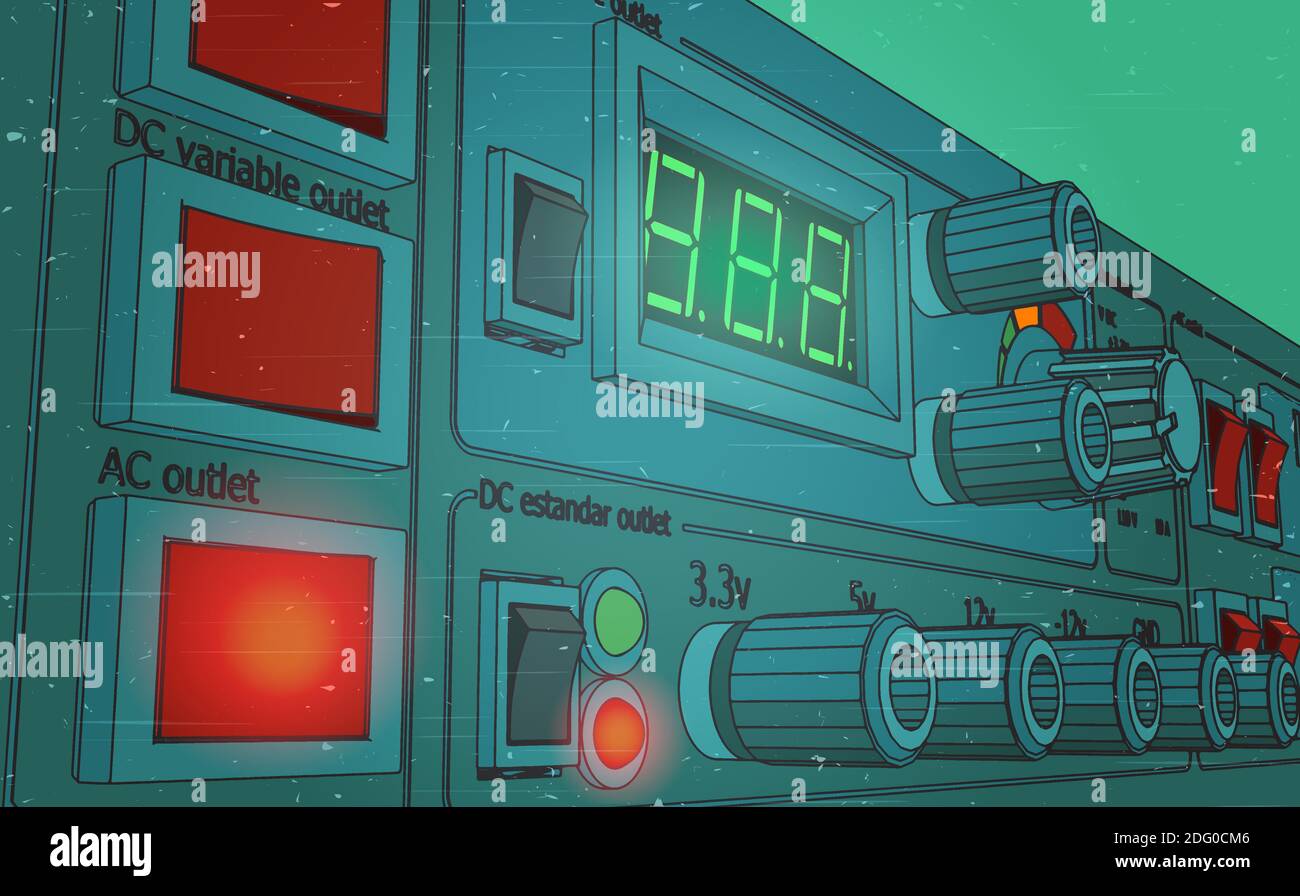 Stylized vector illustration of laboratory power supply close-up retro ...
