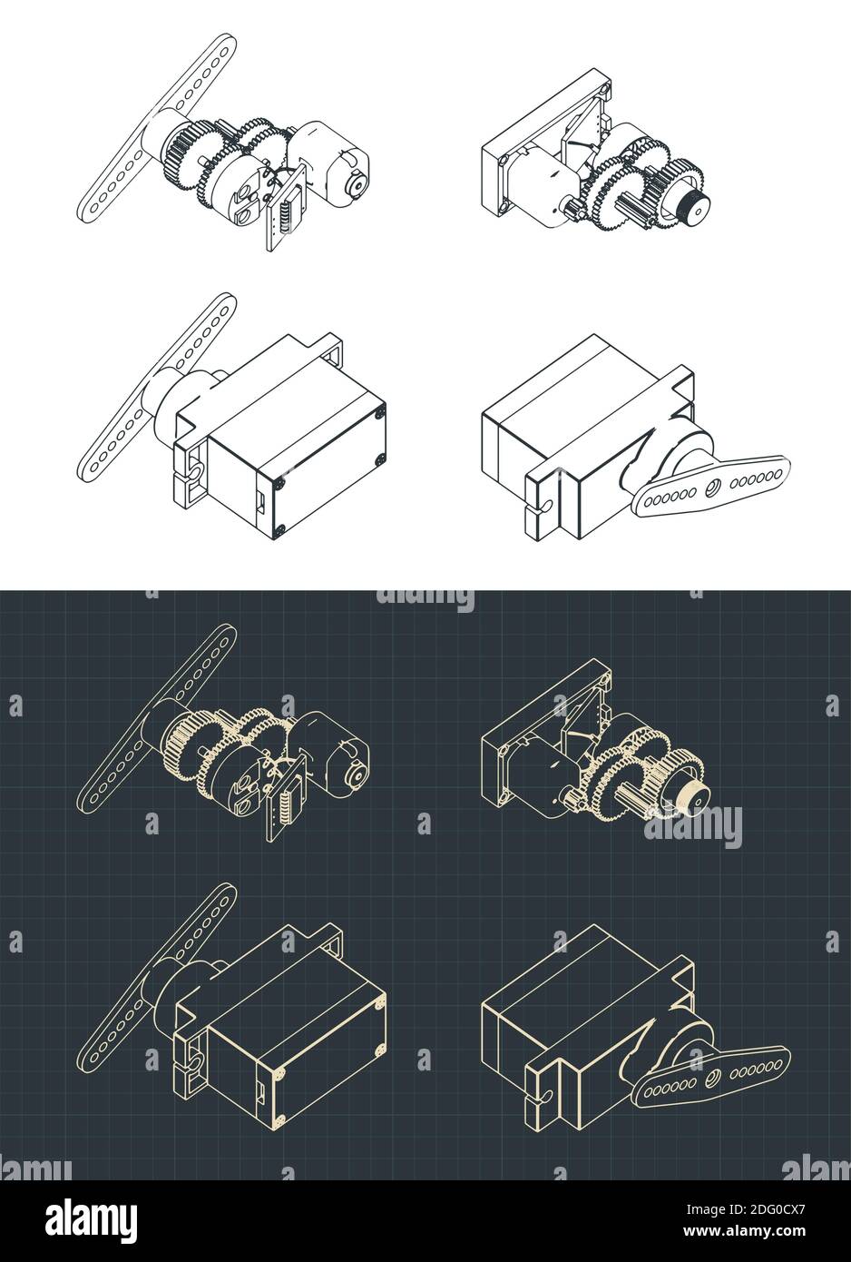 Stylized vector illustration of drawings of micro servos and their ...
