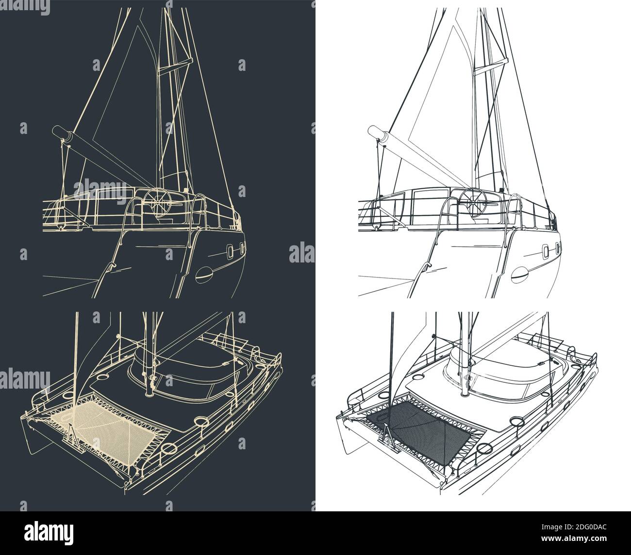Stylized vector illustration of drawings of a sailing catamaran Stock ...