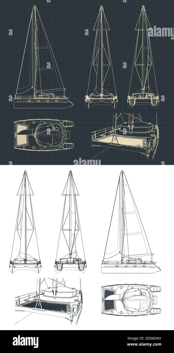 Stylized vector illustration of drawings of a sailing catamaran Stock ...