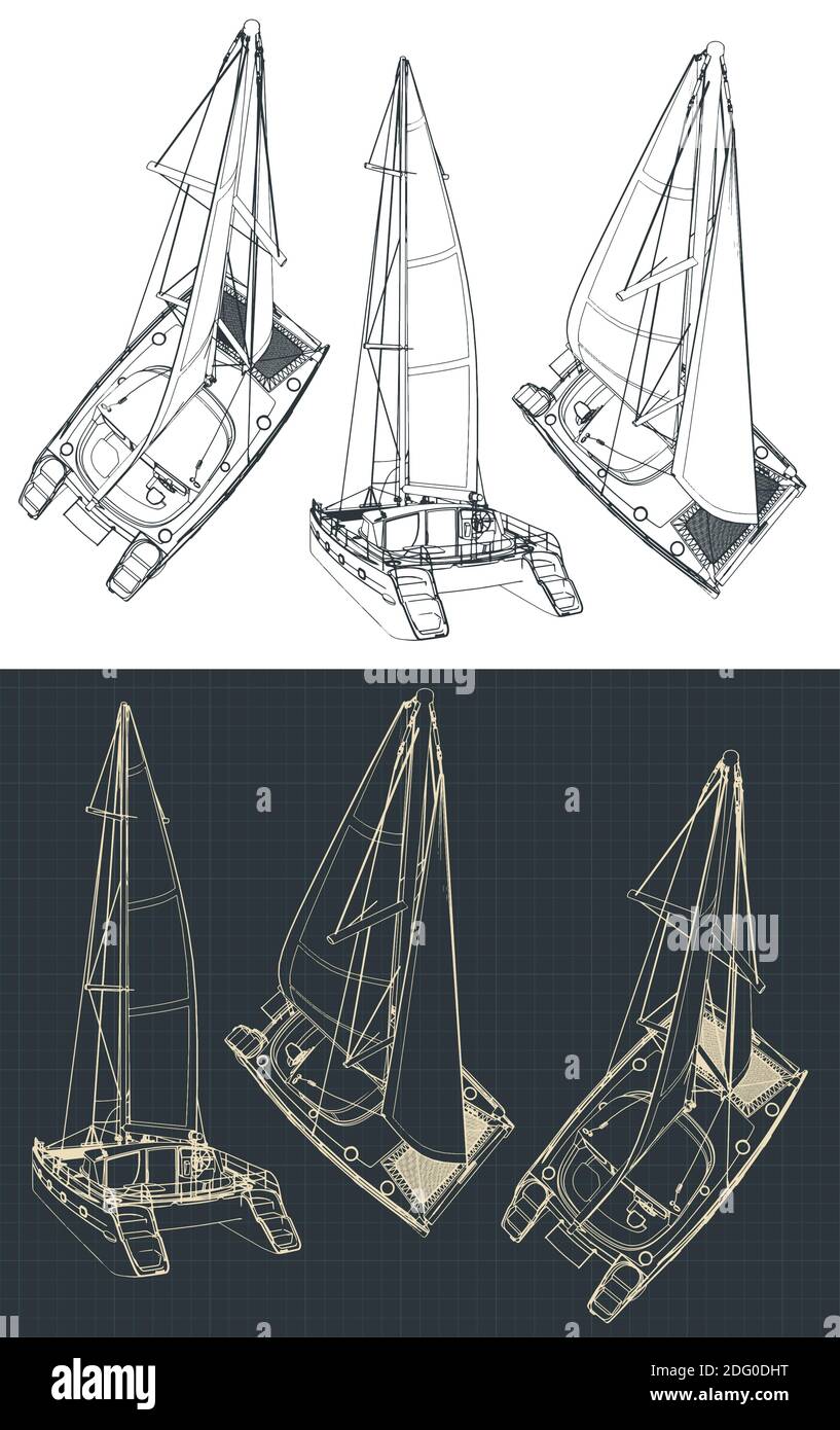 Stylized vector illustration of drawings of a sailing catamaran Stock ...