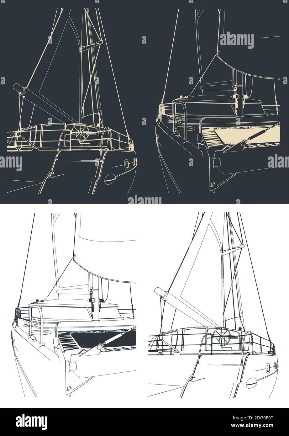 Stylized vector illustration of drawings of a sailing catamaran parts ...