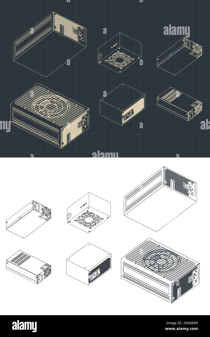 Stylized vector illustration of computer power supplies isometric ...
