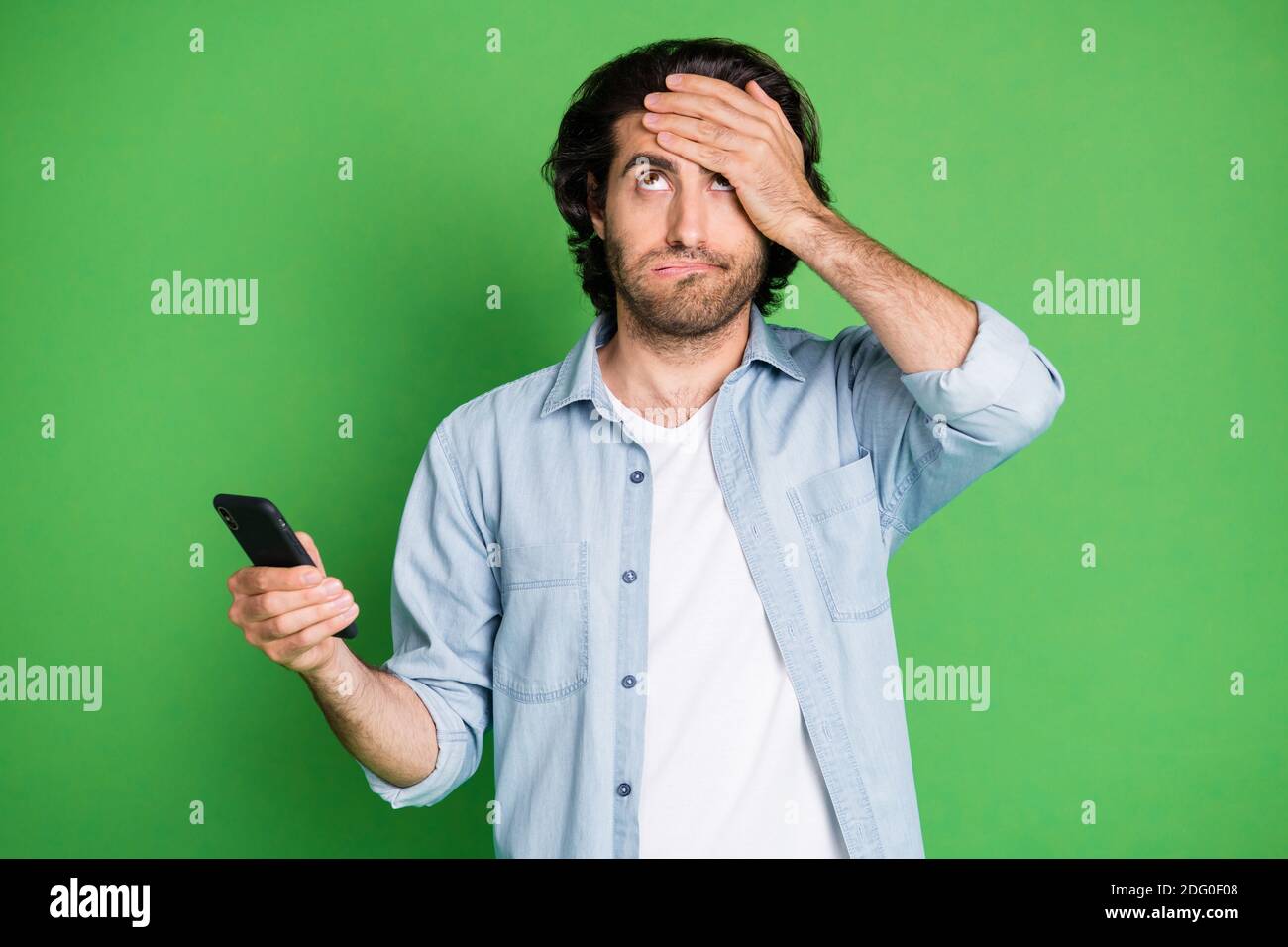 Portrait of his he nice attractive unsure depressed clueless guy using ...