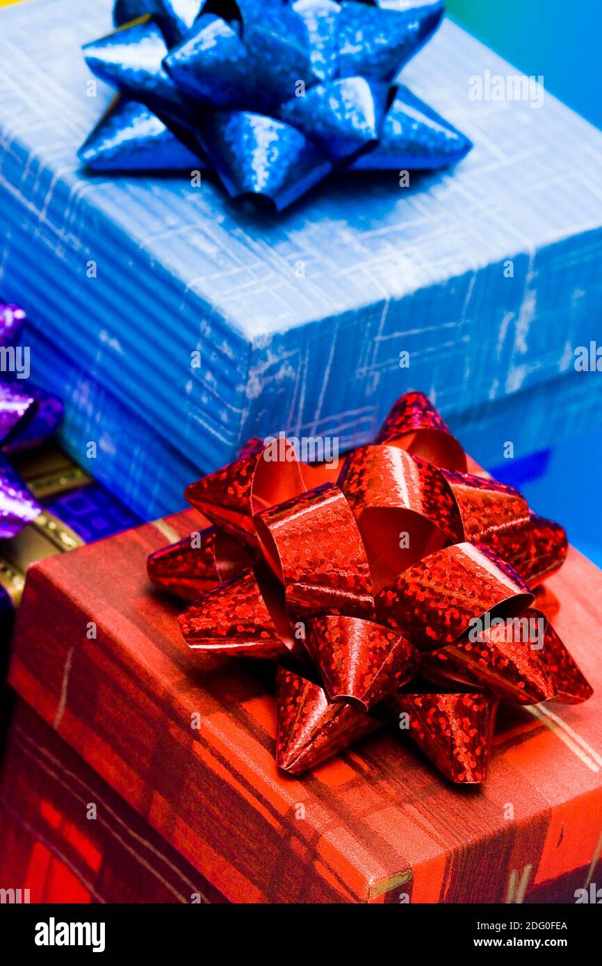 Red and blue gift boxes Stock Photo - Alamy
