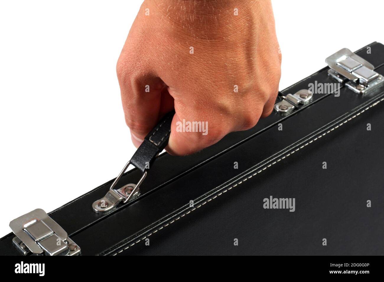 Hand with a black suitcase. Isolated on white background Stock Photo ...