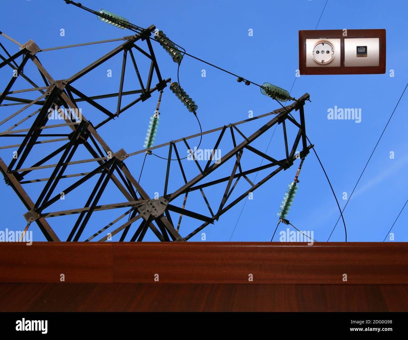 Energy outlet with blue sky background and Electri Stock Photo - Alamy