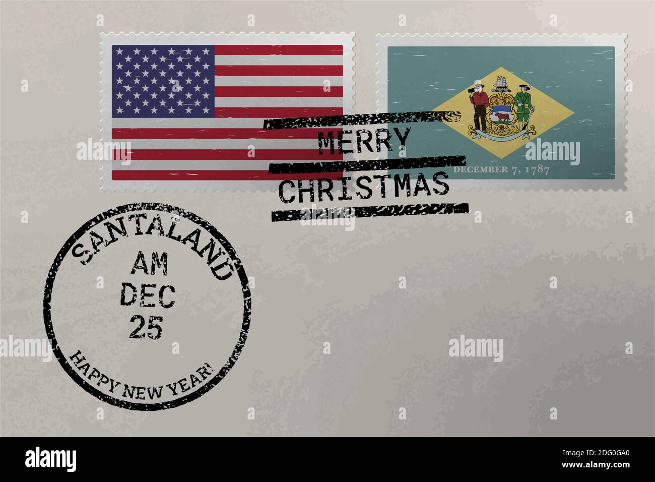 Postage stamp envelope with Delaware and USA flag and Christmas and New ...