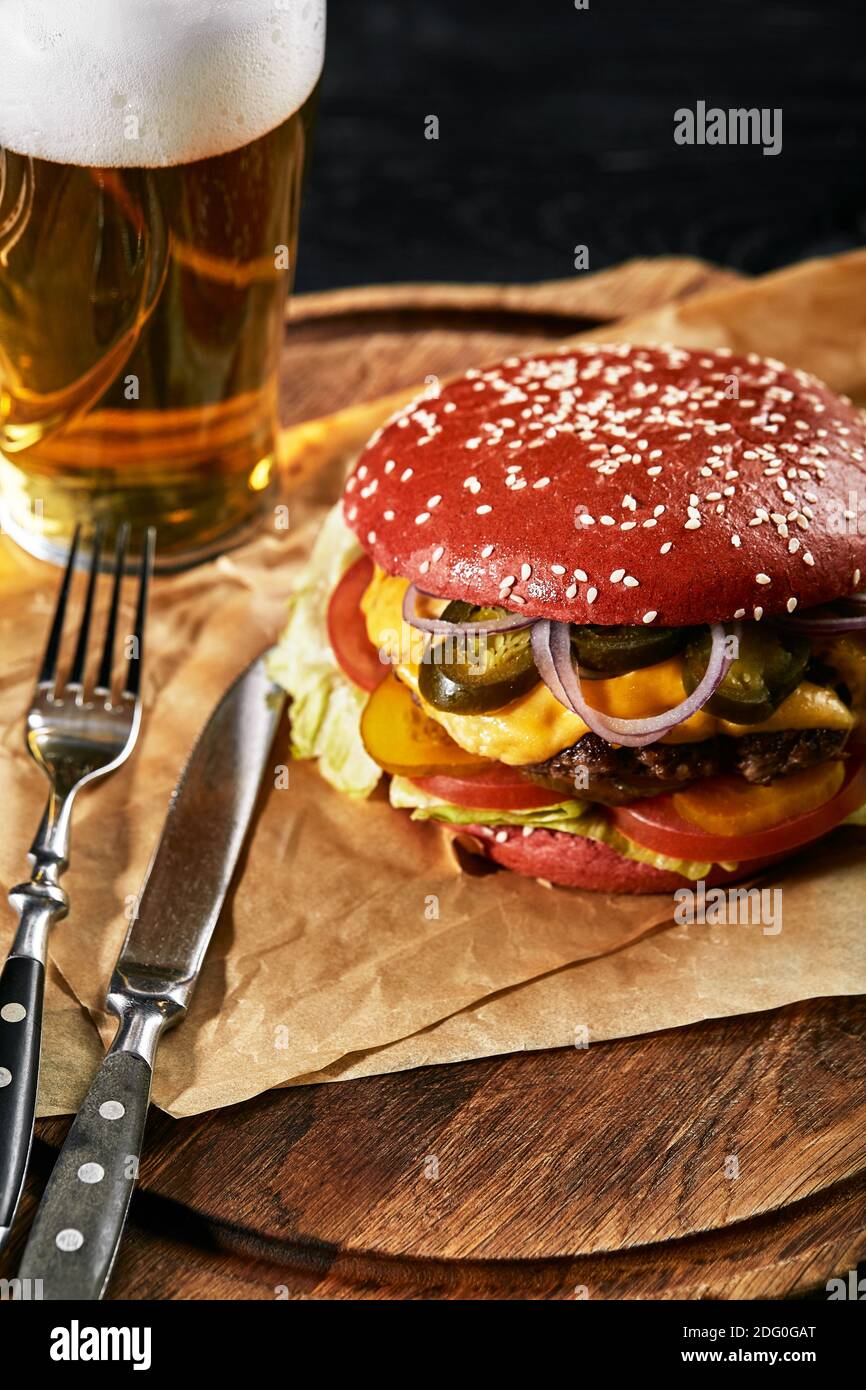 Set of hamburger beer and french fries. A standard set of drinks and ...