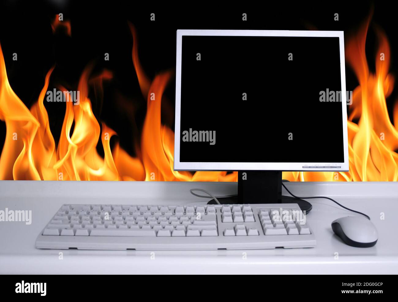 PC with black desktop and fire flames background Stock Photo - Alamy