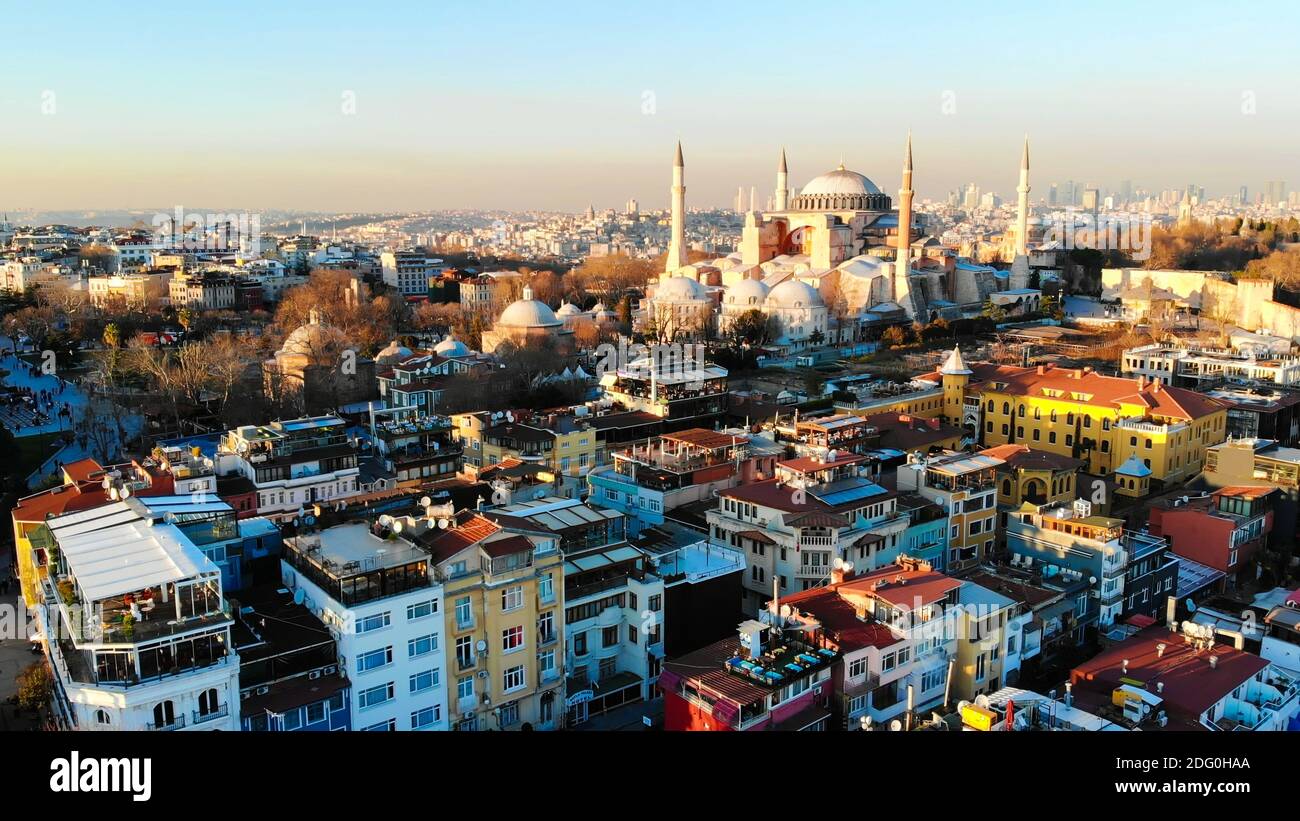 Evening aerial panorama of Istanbul overlooking Hagia Sophia and the ...